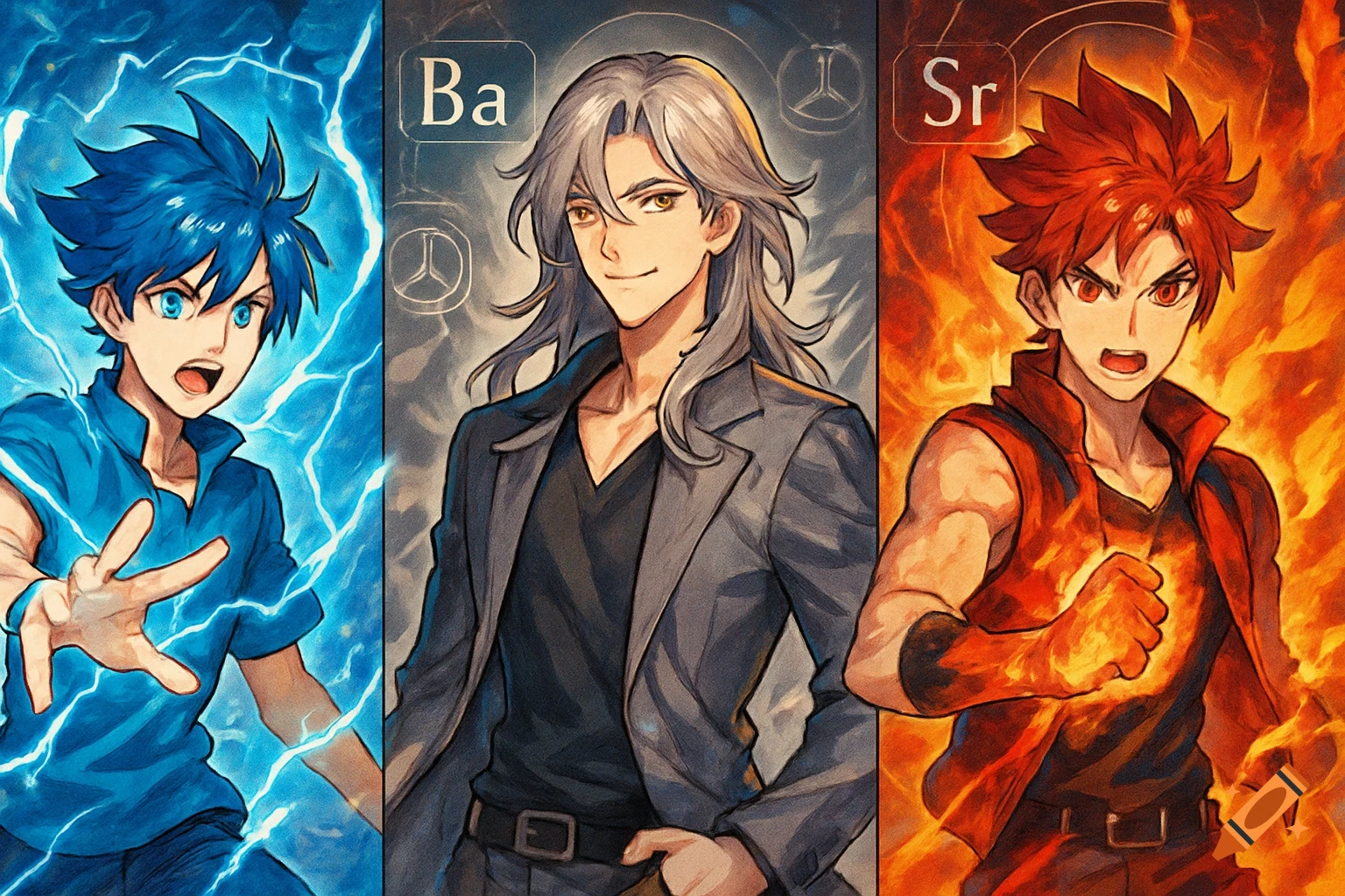 Anime triptych of three elemental boys: one with blue hair and ...