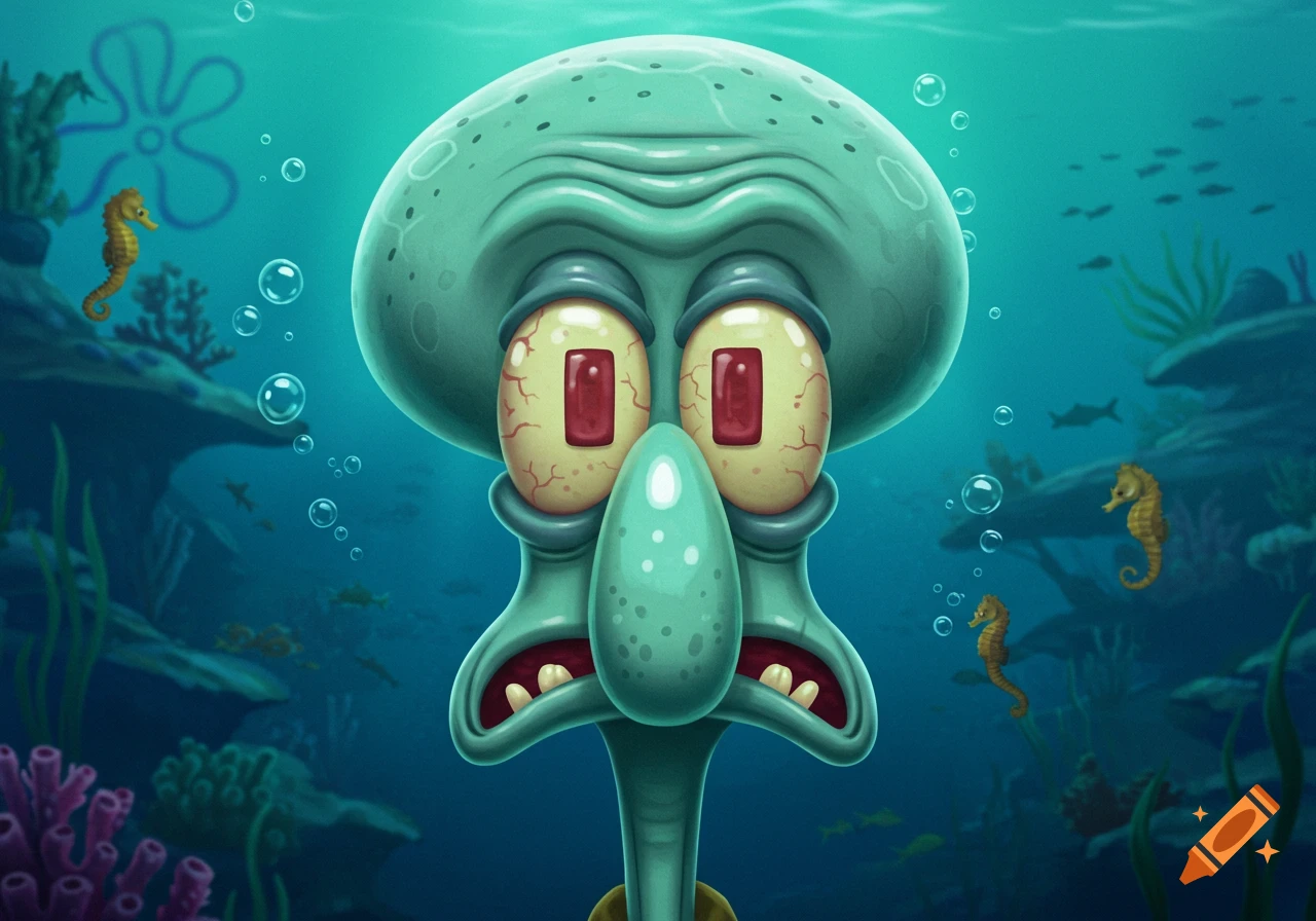 Spongebob Squarepants with faded yellow skin, bloodshot red eyes, and a ...
