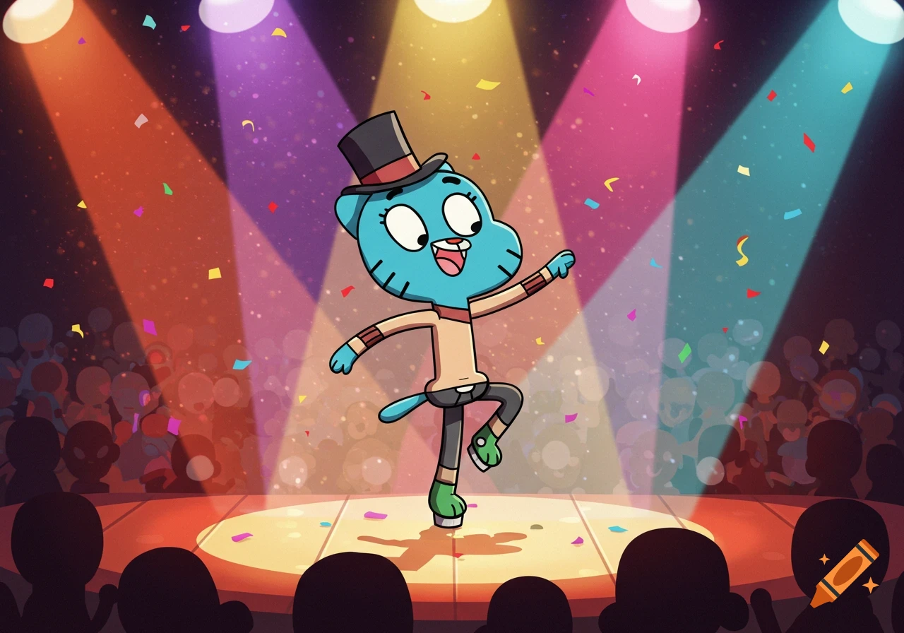 2D cartoon of Bluey Heeler tap dancing on a stage in a red bird costume ...