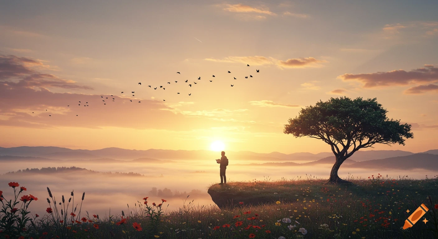 A boy smiles up at a sparkling white bird in flight against a twilight ...