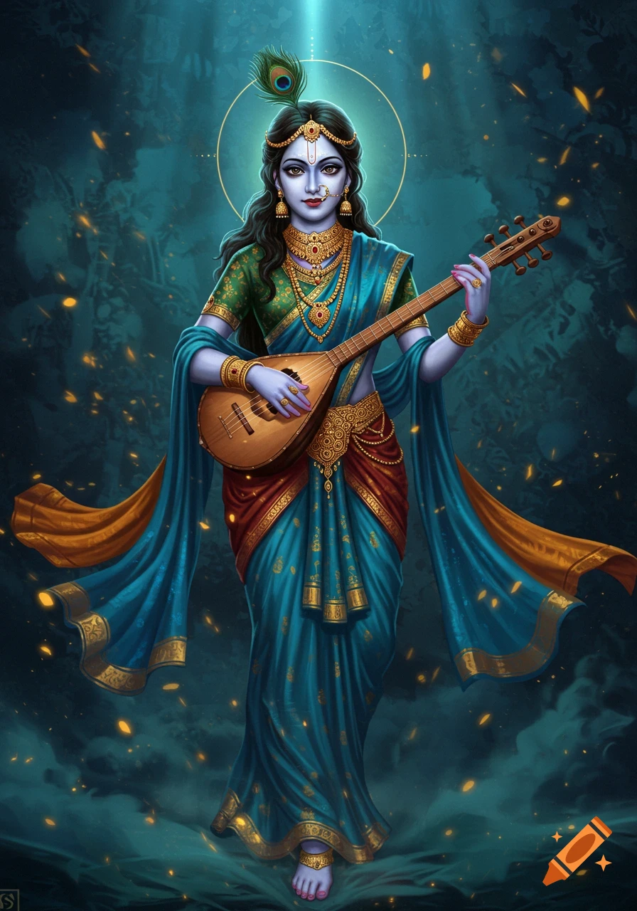 A blue-skinned Indian goddess in traditional blue and gold attire ...