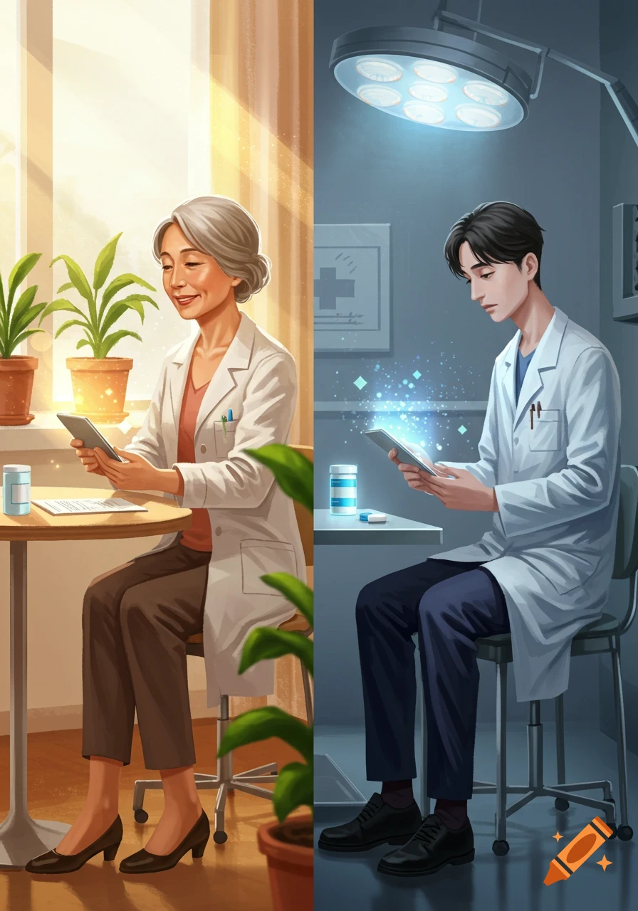 Split image showing two medical professionals using tablets: an older ...