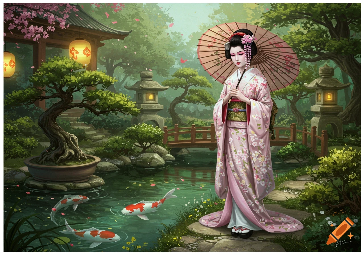 A geisha in a pink kimono and umbrella stands in a serene Japanese ...