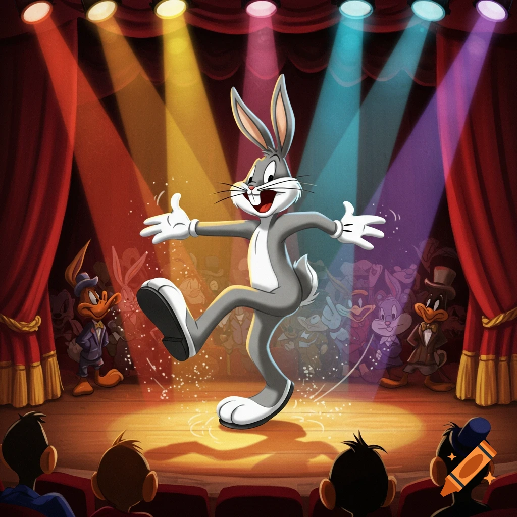 Bugs Bunny in a black tuxedo and white gloves tap dancing on a wooden ...