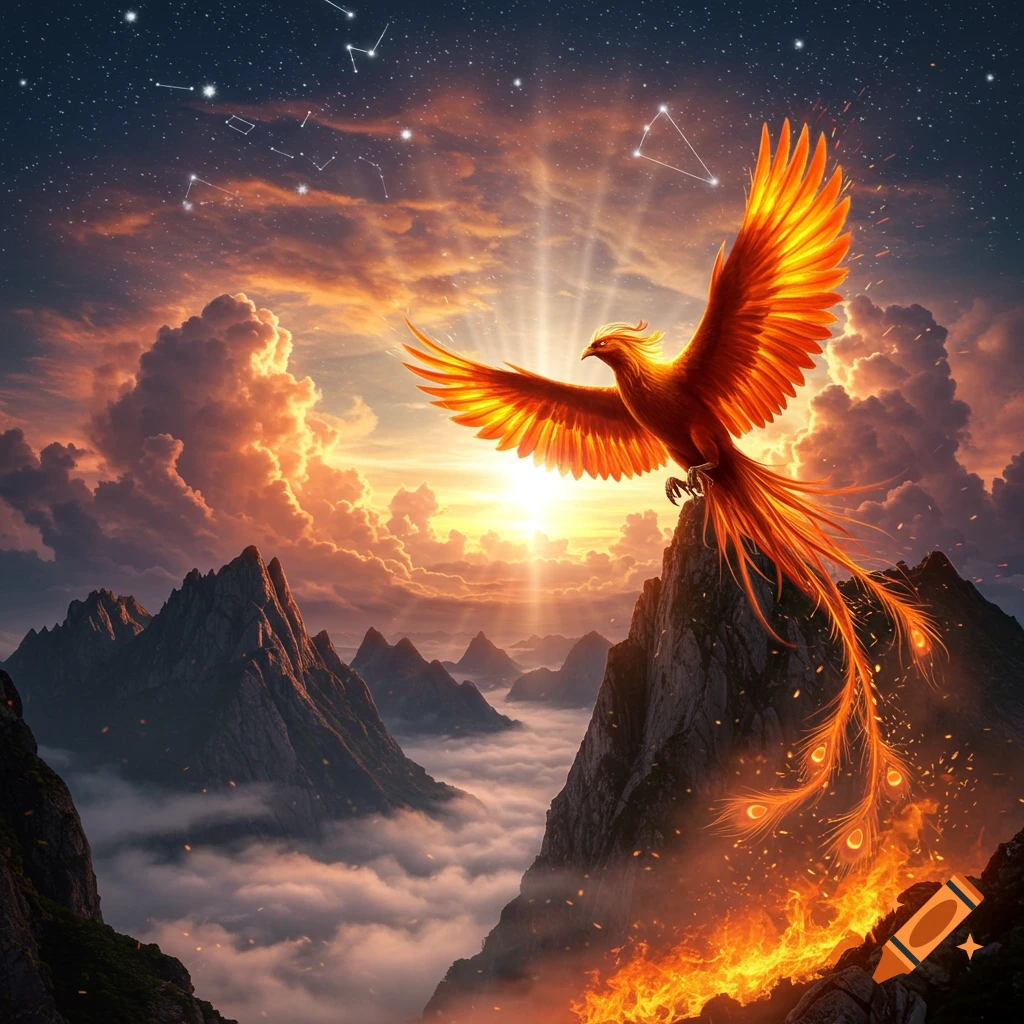 A vibrant orange phoenix rises from flames on a mountain peak at sunset ...