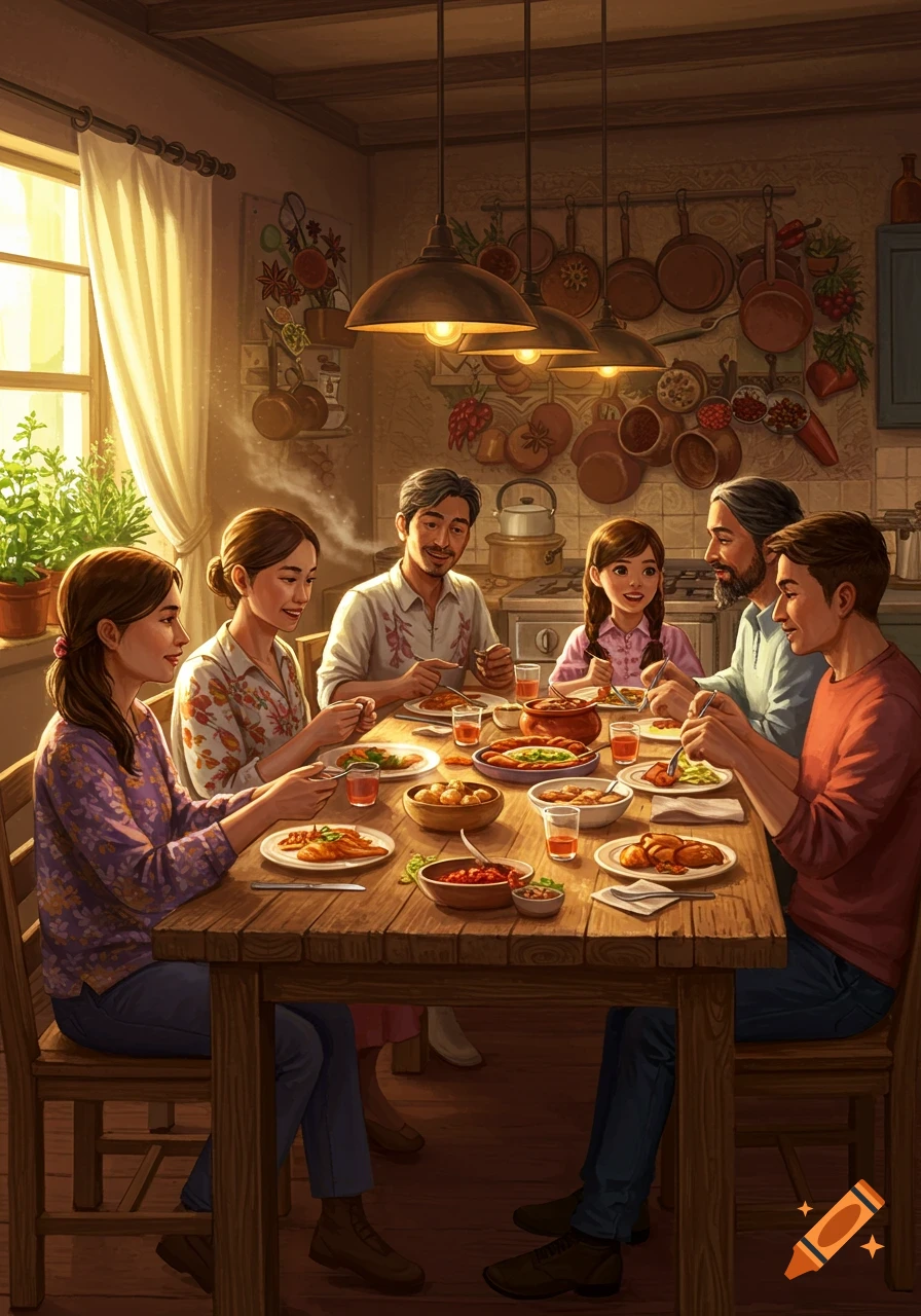 A multi-generational family dines together at a wooden table under a ...
