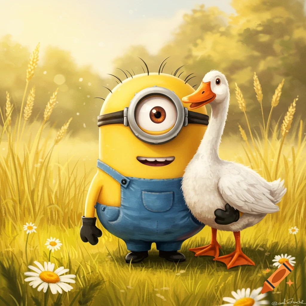 A cartoon Minion stands next to a white goose in a sunny, golden field ...