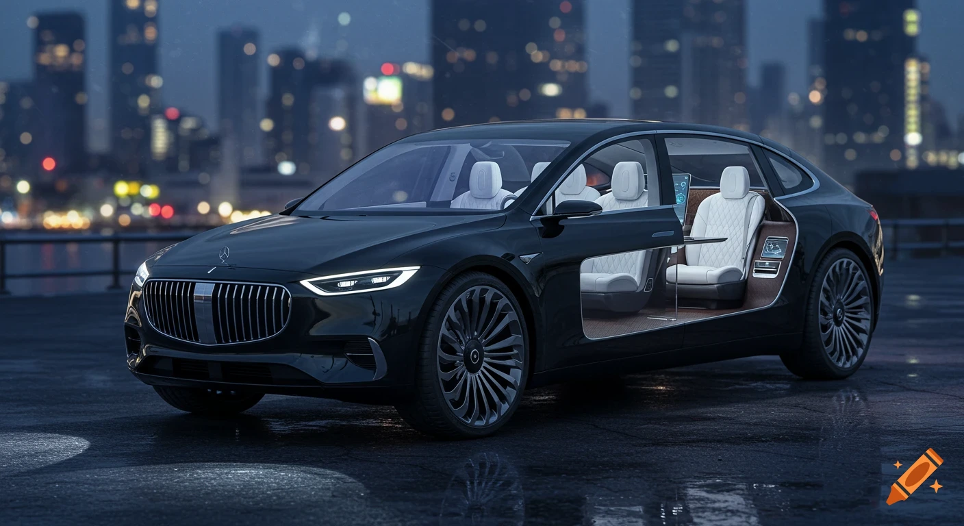 Futuristic obsidian black luxury car with an exposed opulent white ...