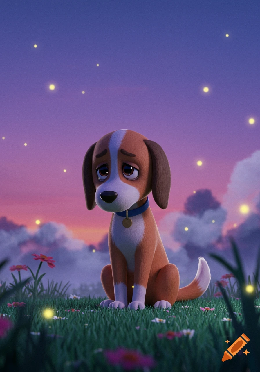 A sad cartoon beagle-like dog sits in a grassy field with glowing ...
