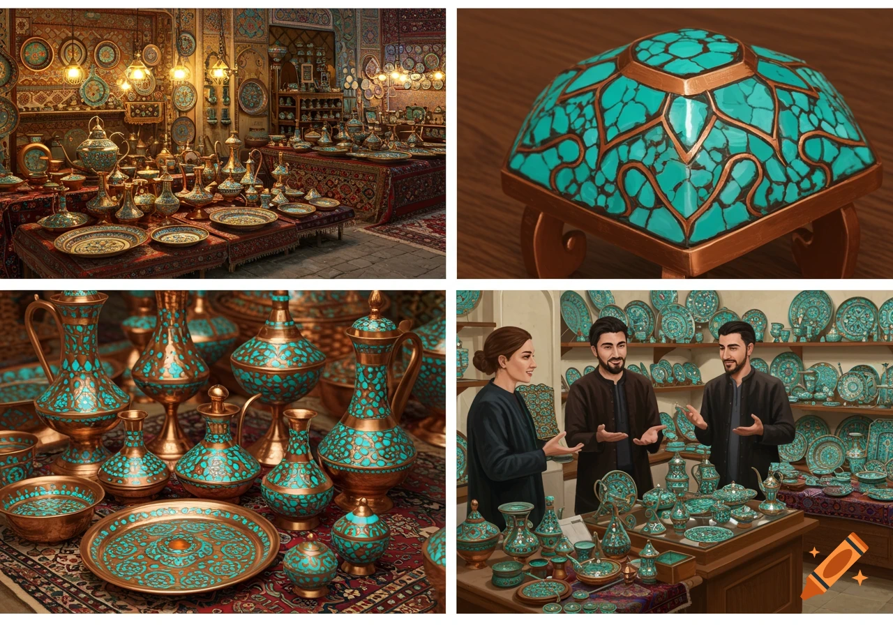 Four images of intricate Persian copper and turquoise handicrafts in a ...