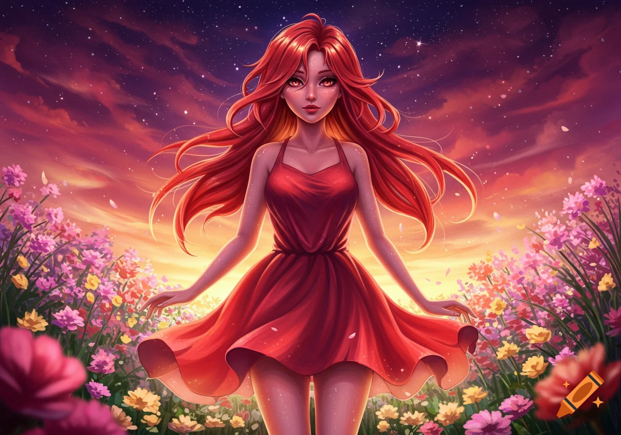 A vibrant animated woman with long brown hair and ruby red eyes twirls ...