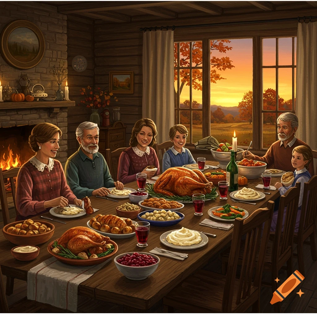 An illustration of Pilgrims and Native Americans sharing a Thanksgiving ...