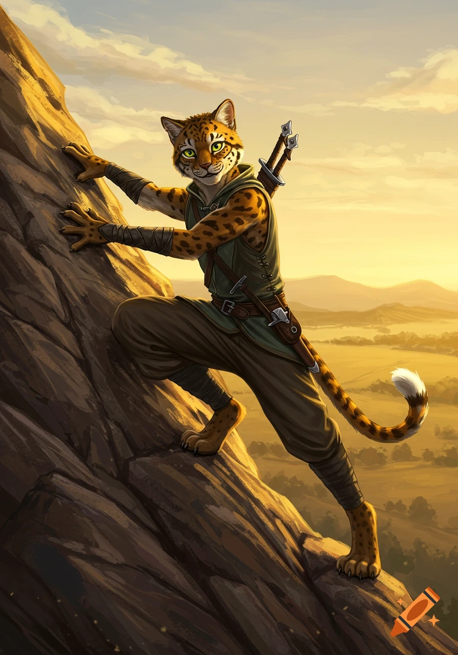 An anthropomorphic leopard-like Tabaxi rogue, with swords on his back ...