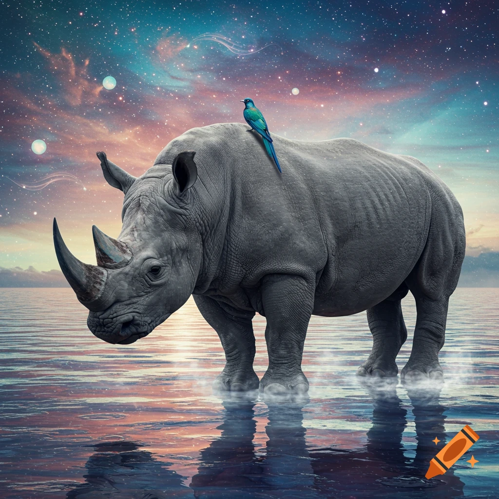 A rhinoceros stands in water with a blue-green bird on its back, under ...