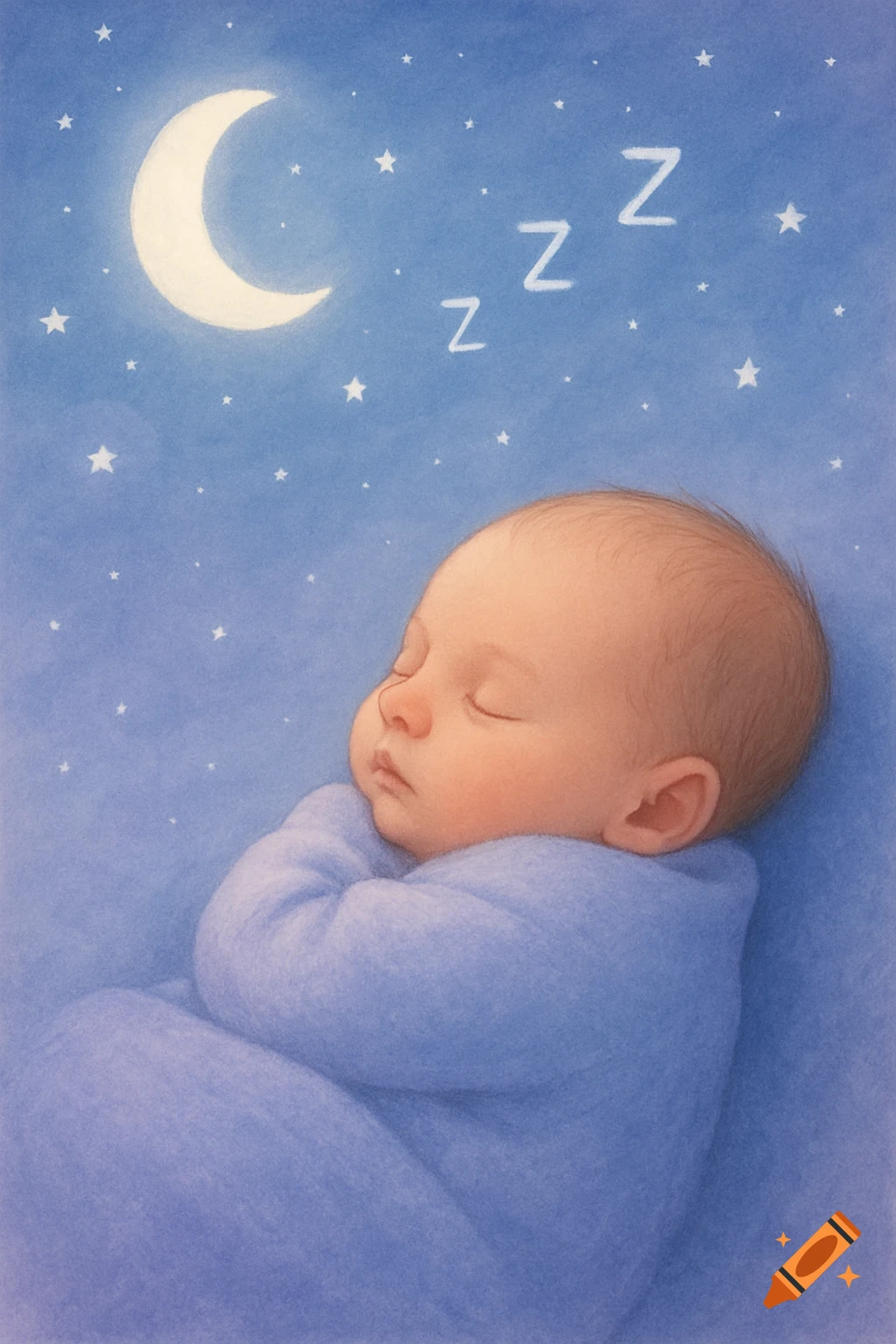 Peaceful digital illustration of a newborn baby swaddled in blue ...