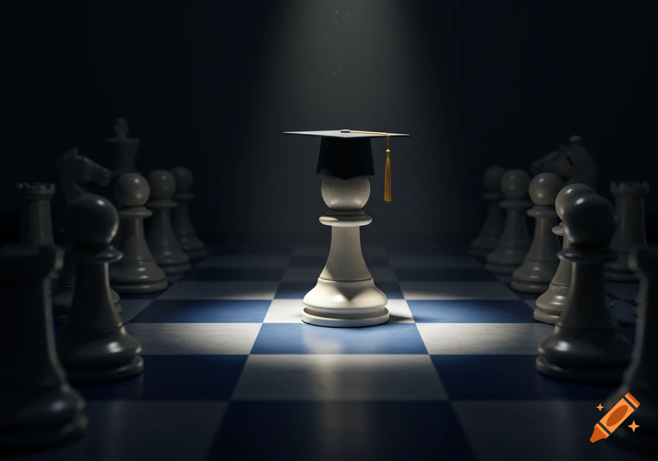 A central white chess pawn wearing a graduation cap stands illuminated ...