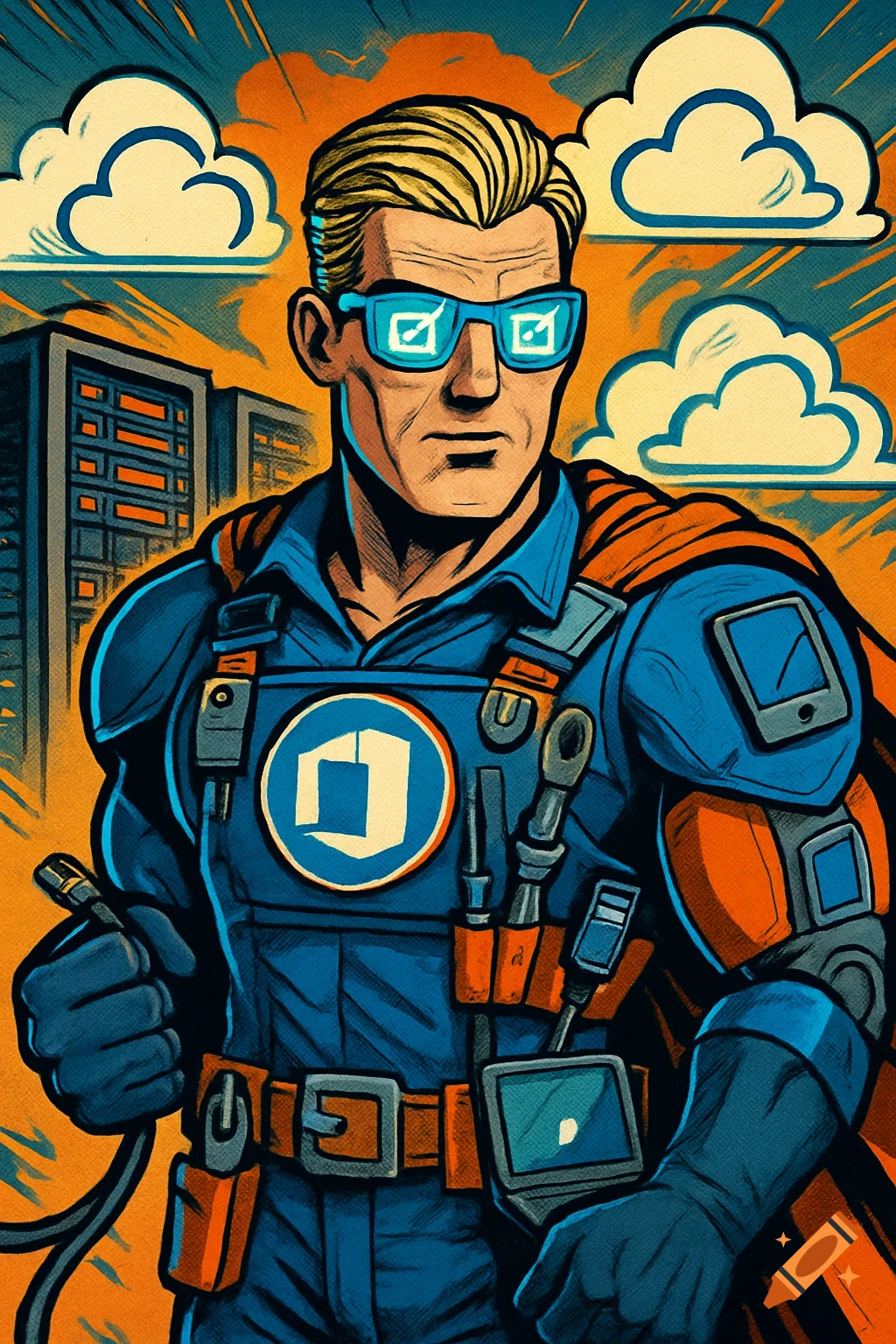 Comic-book style male nuclear power plant operator in a control room ...