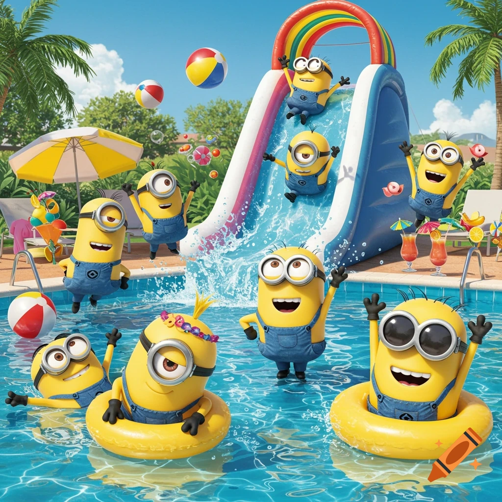 Minions having fun at a vibrant pool party with a rainbow slide, some ...
