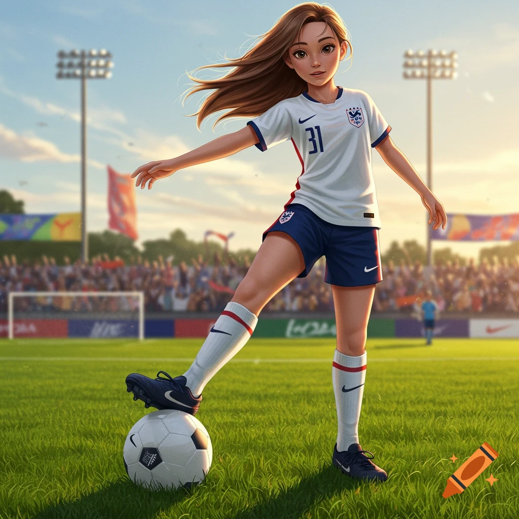 Photorealistic image of a female Spanish soccer player in a red jersey ...