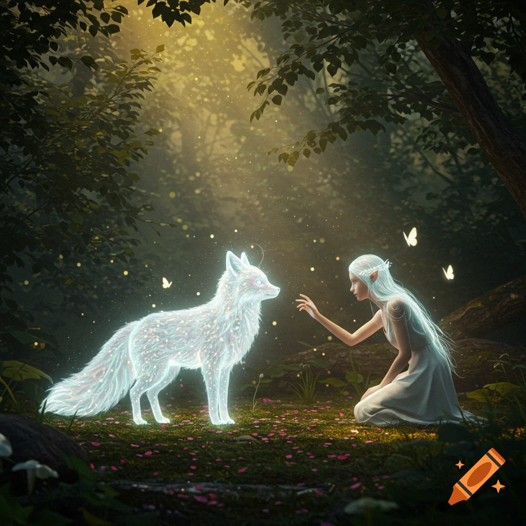 An ethereal elf-like woman kneels, touching a glowing crystalline fox ...