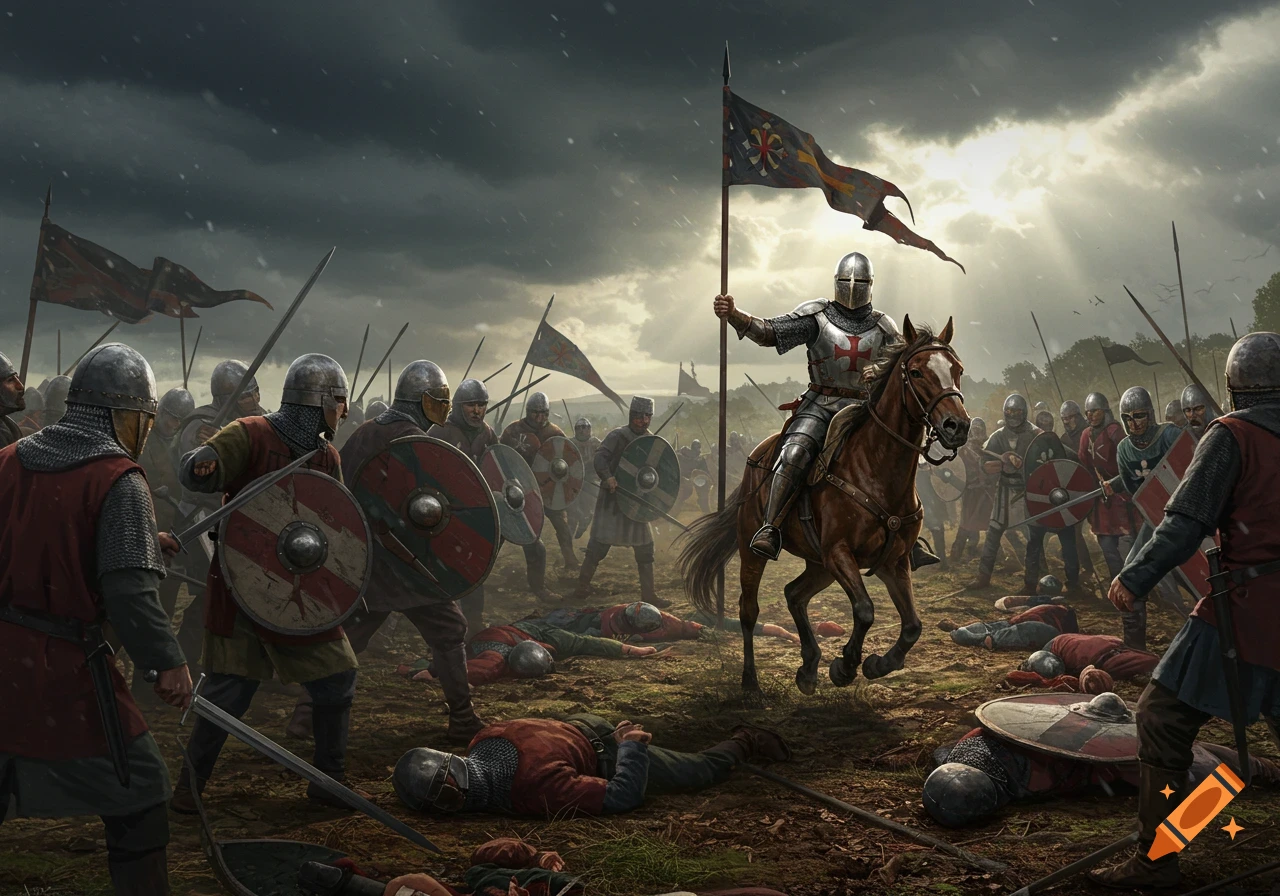 Dramatic, realistic illustration of a medieval battle with a knight on ...