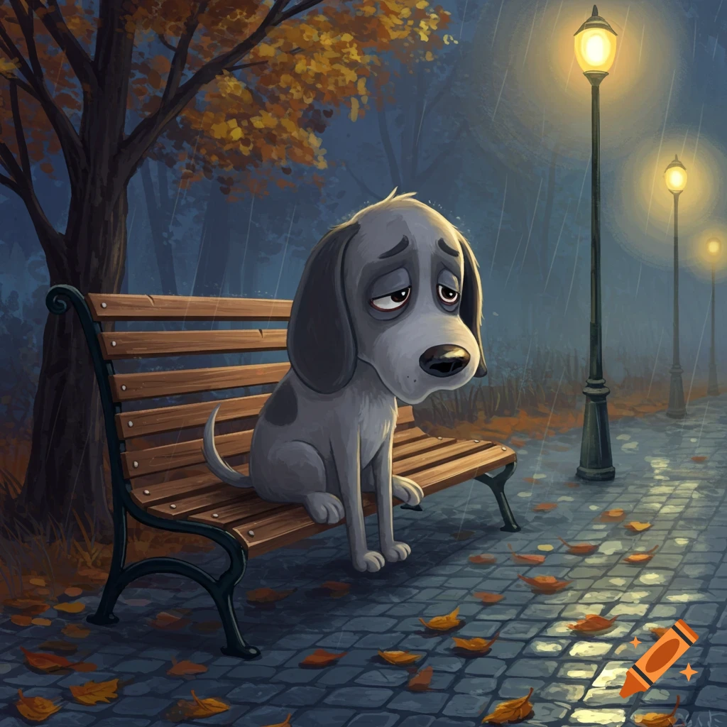 A grey dog sits on a wooden park bench under a large tree with orange ...