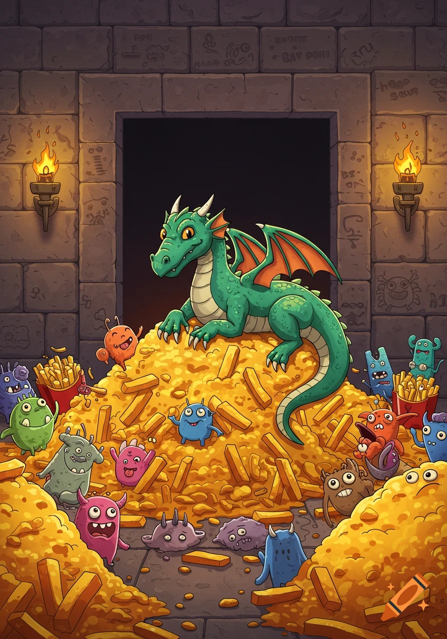 Cartoon green dragon guards a vault of french fries, surrounded by ...