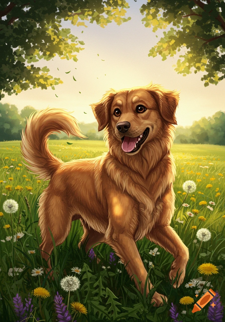 A cute illustrated golden retriever puppy and a Siamese kitten play in ...