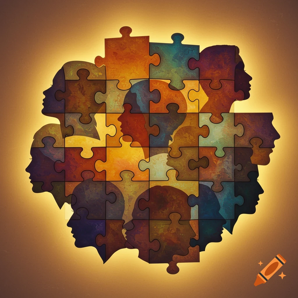 Stylized mosaic of colorful puzzle pieces forming a cluster of diverse ...