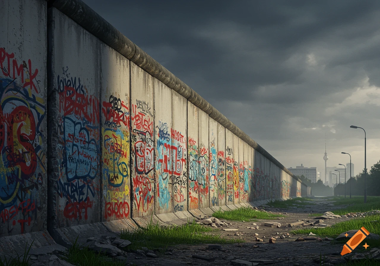 The Berlin Wall covered in colorful graffiti, extending into the ...