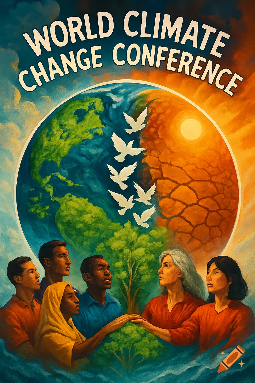 A poster showing Earth split between a lush green side and a dry ...