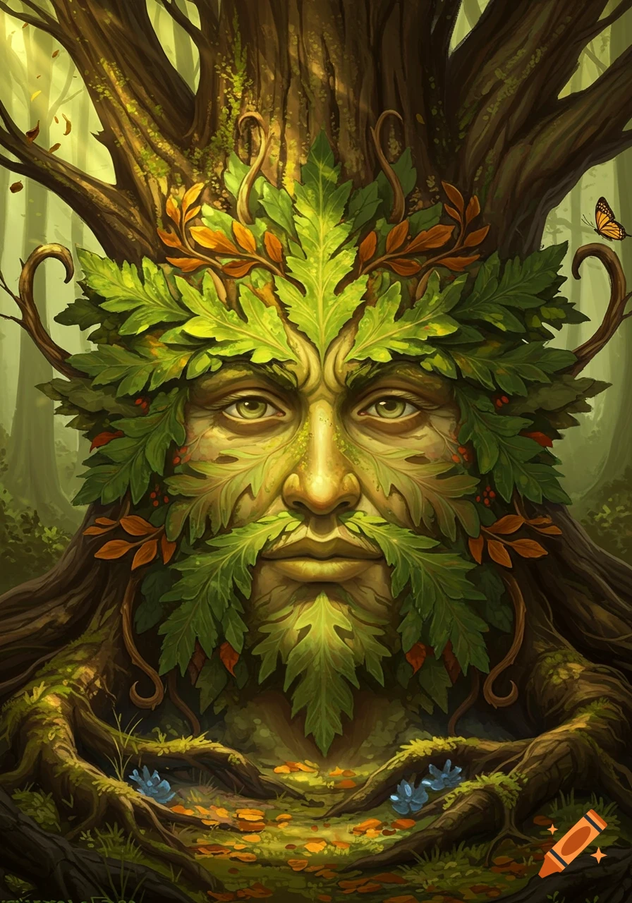 An intricate illustration of the Green Man's face, composed entirely of ...