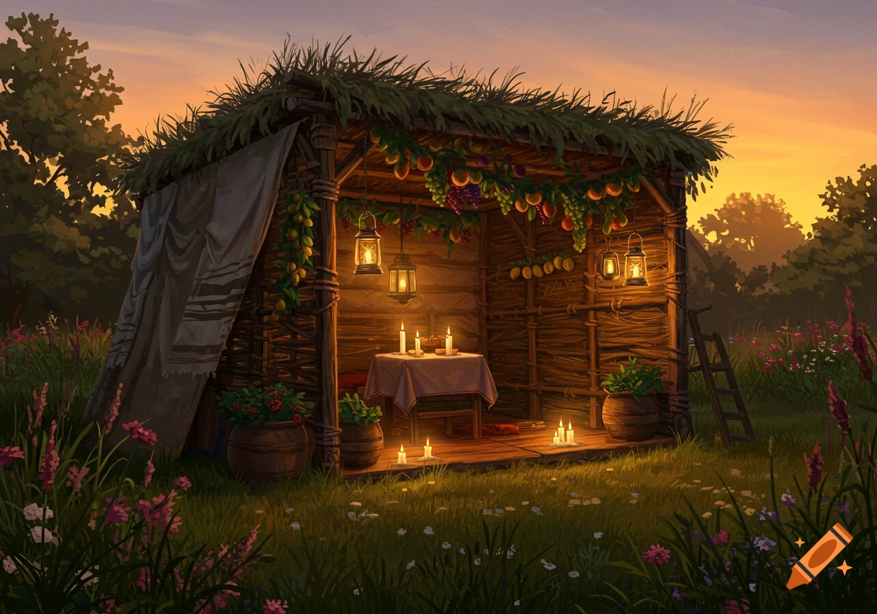 A beautifully decorated Sukkah hut with a thatched roof, adorned with ...