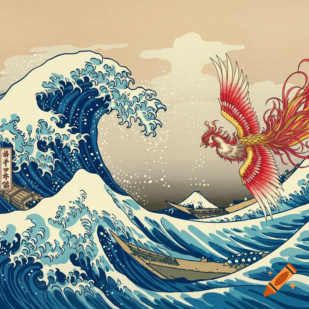 A steampunk-style rendition of Hokusai's Great Wave, with mechanical ...