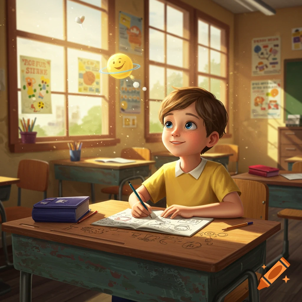 A cute cartoon boy with brown hair happily reads a large book at a ...