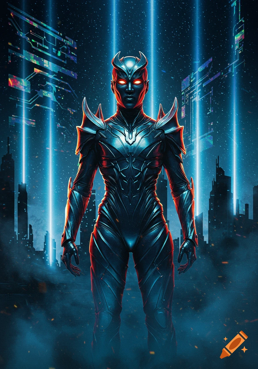 A dark armored horned figure with glowing red eyes stands in a ...