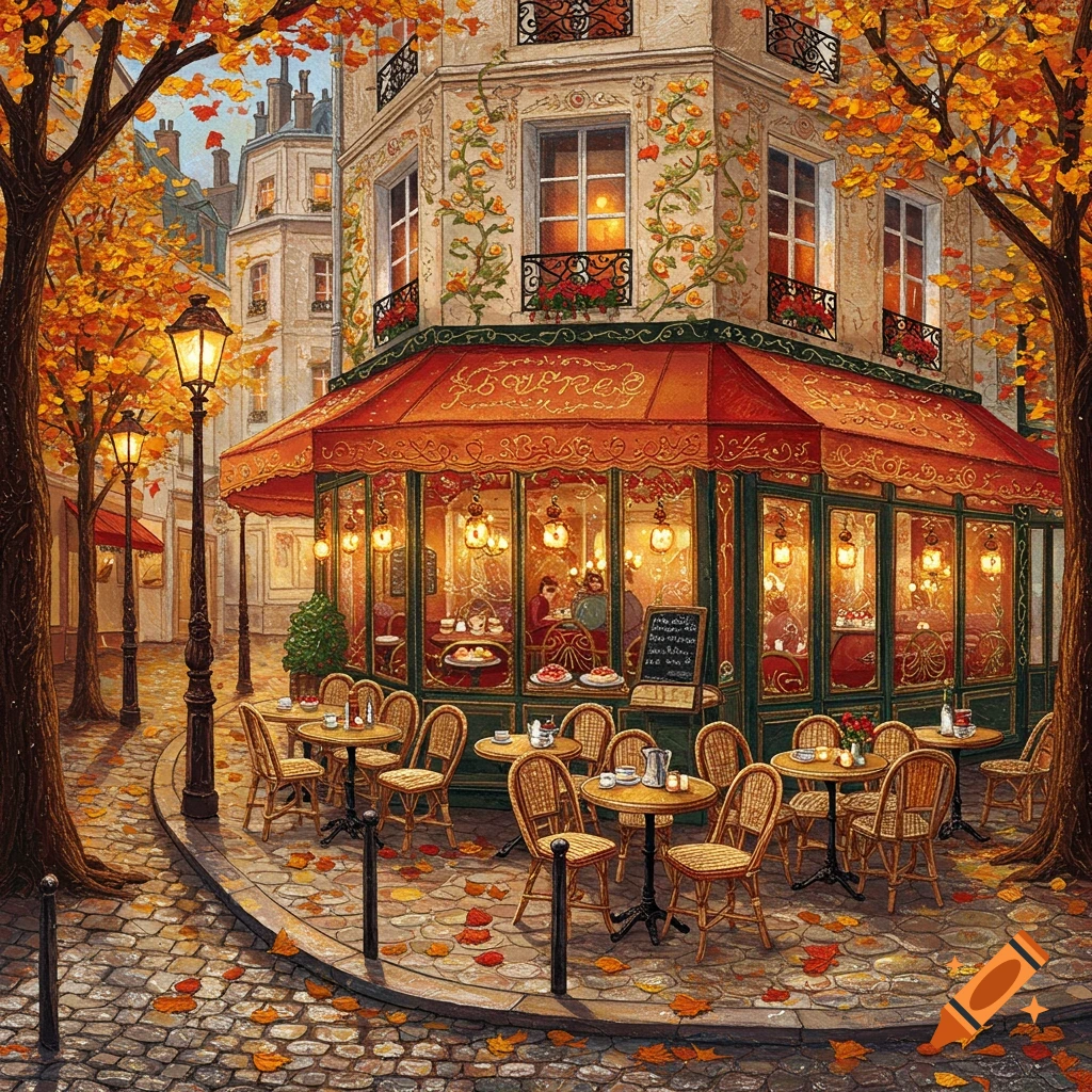 A charming, brightly lit cartoon-style cafe with a blue and white ...