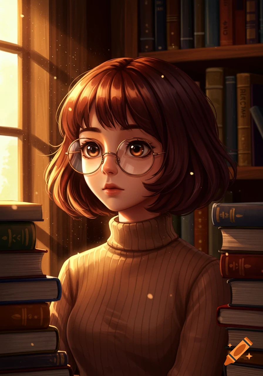 An anime-style girl with short brown hair, round glasses, and a ...