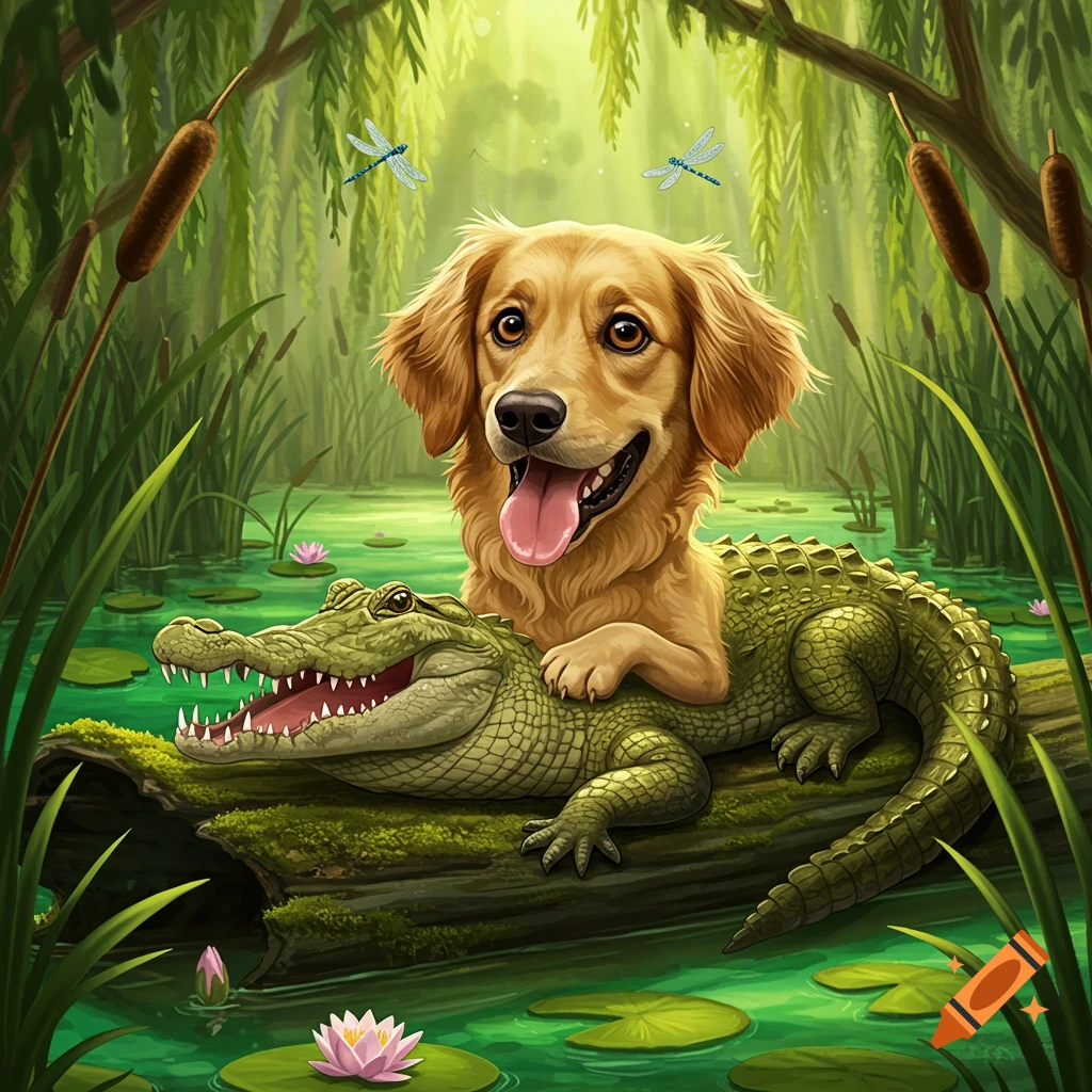 A happy golden retriever dog rides on the back of a smiling alligator ...