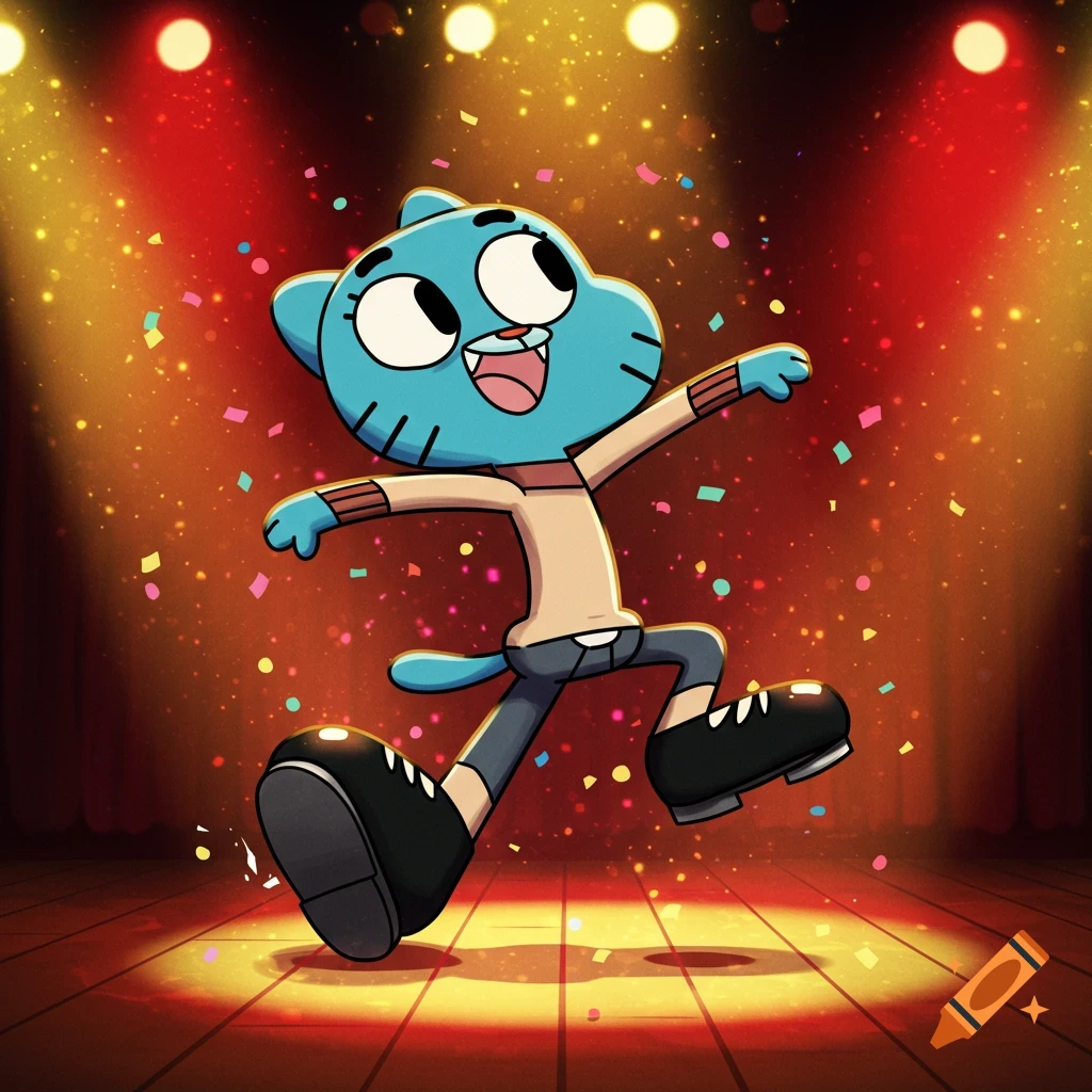Cartoon character Darwin Watterson tap dancing on a stage under ...