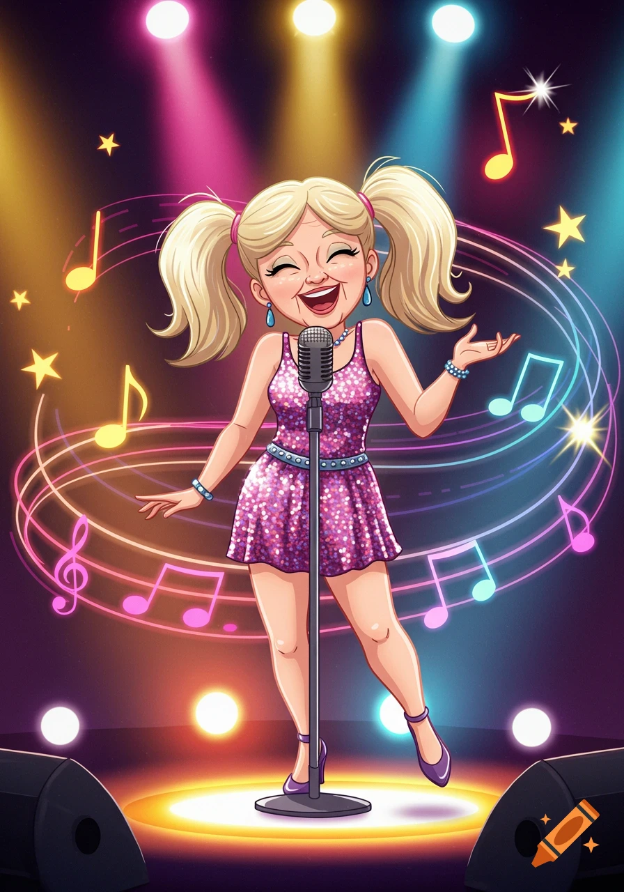 Illustrated blonde pop star in a glittery outfit and high heels stands ...