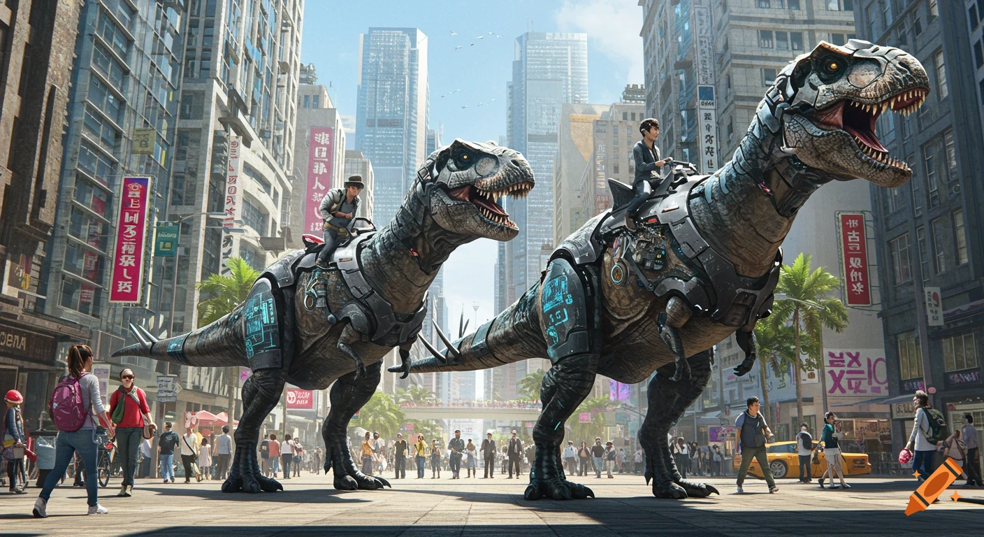 Two armored T-Rex dinosaurs, ridden by people, walk through a bustling ...