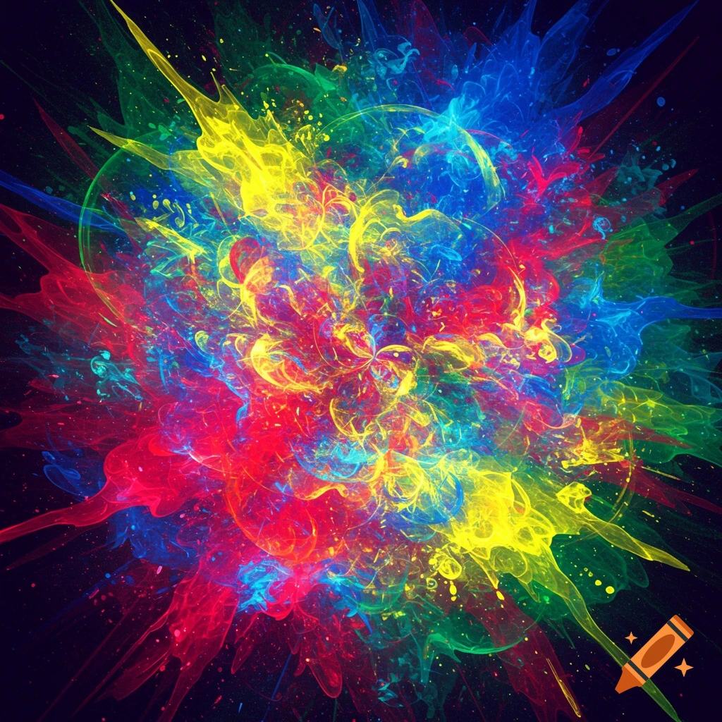 An abstract explosion of vibrant red, yellow, blue, and green colors on ...