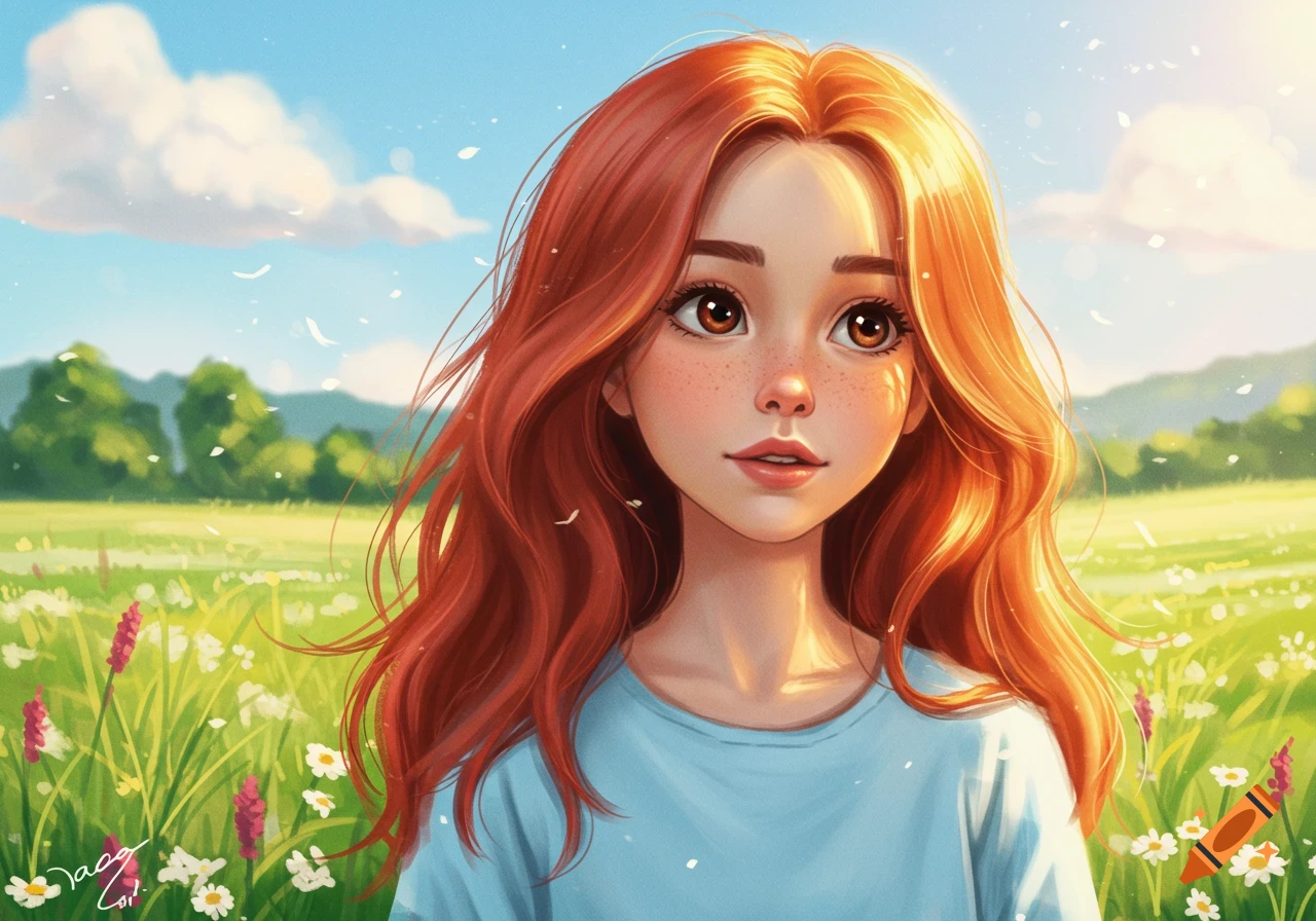 A cute animated girl with long red hair and brown eyes wearing a blue ...