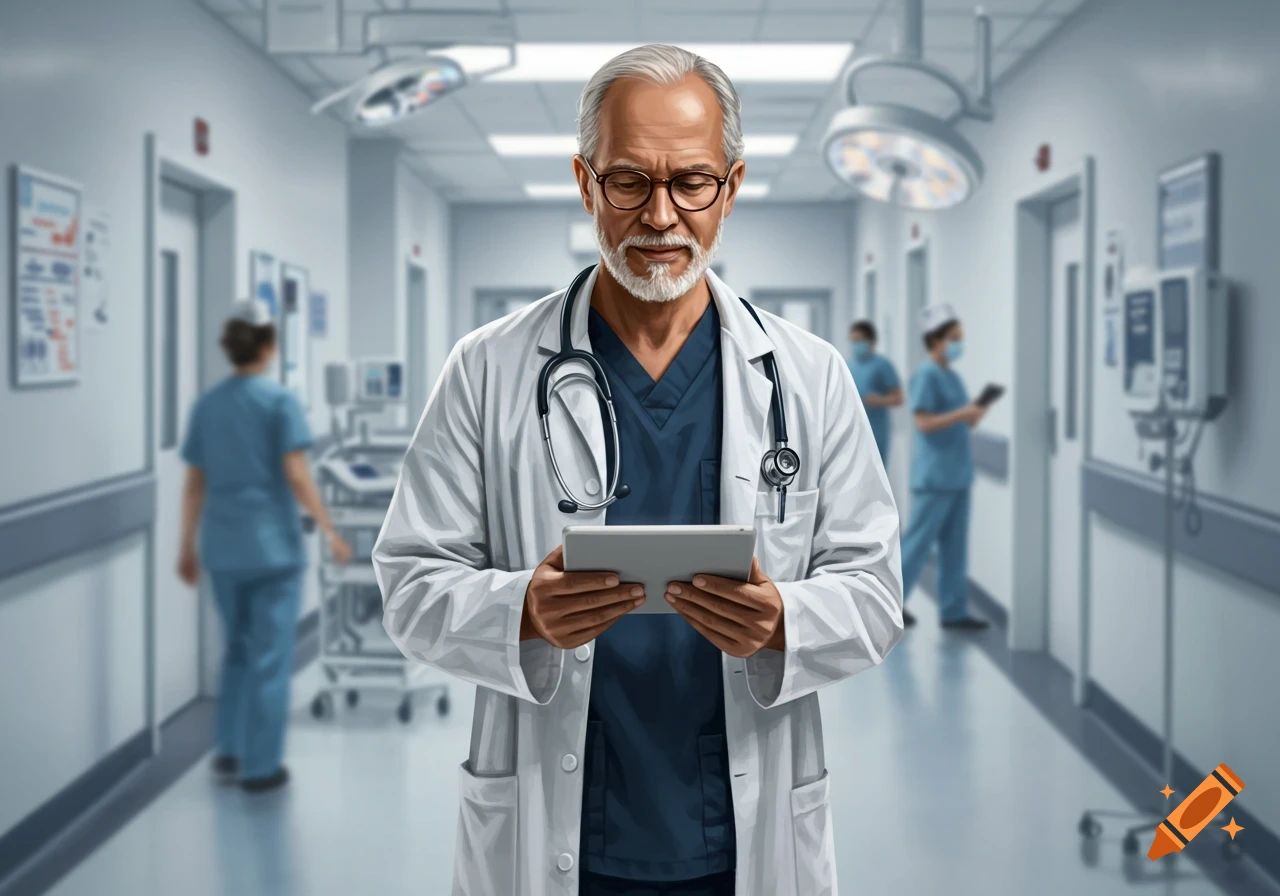 A diverse group of doctors, nurses, and patients in a bright, modern ...