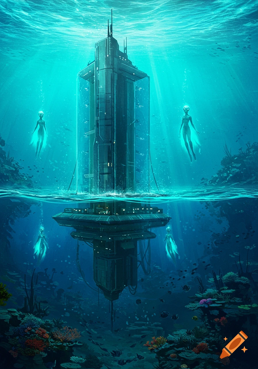 A vibrant underwater scene shows a futuristic glass bunker-like ...