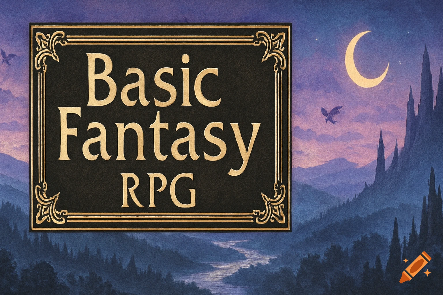 A gold-framed banner reads 'Basic Fantasy RPG' against a night fantasy ...