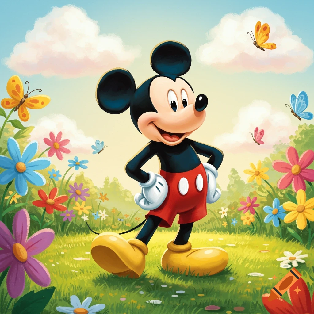 Mickey Mouse stands in a sunny green field with white daisies and ...