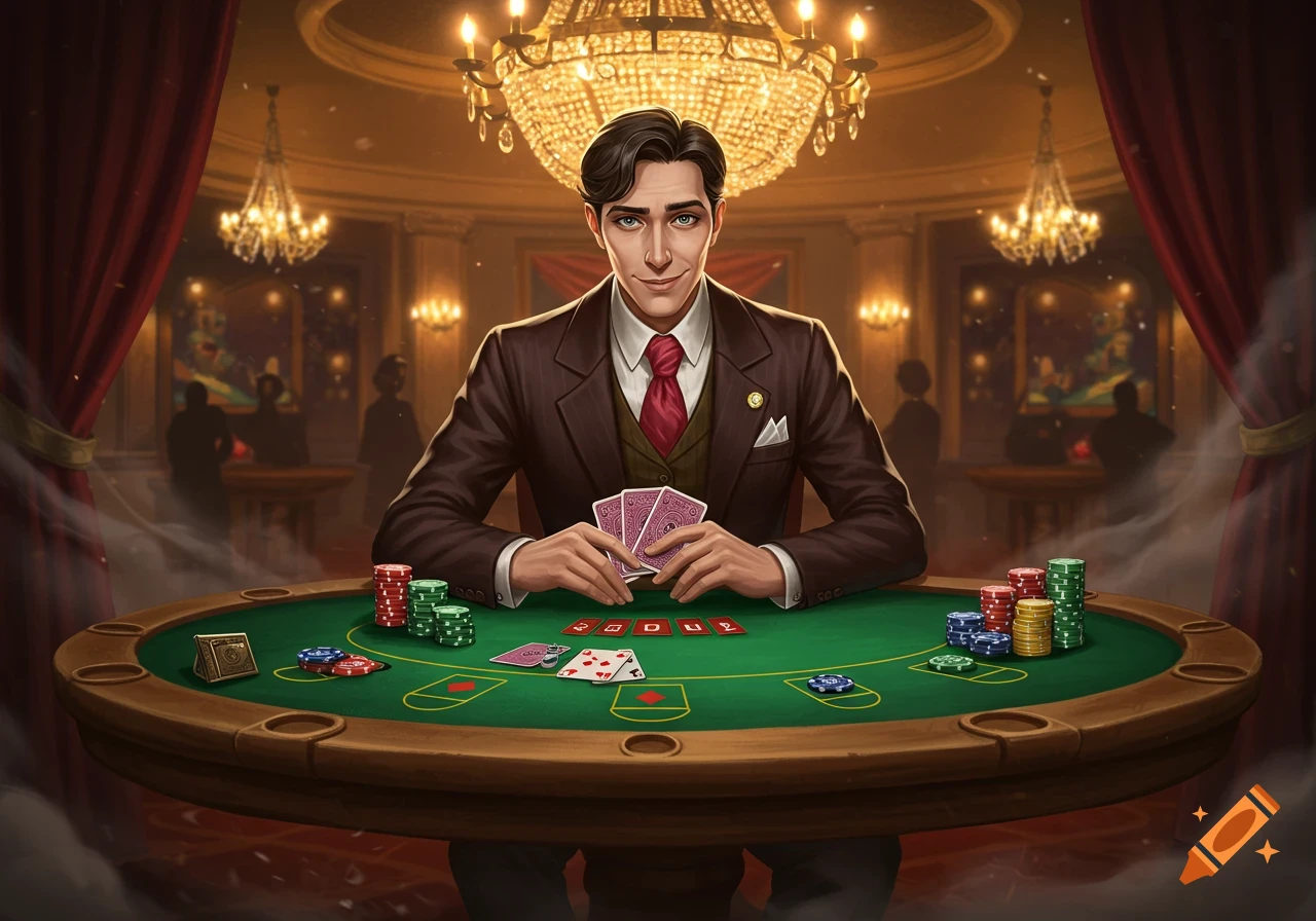 A roulette wheel, dice, and hourglass float in a dark room with shadowy ...