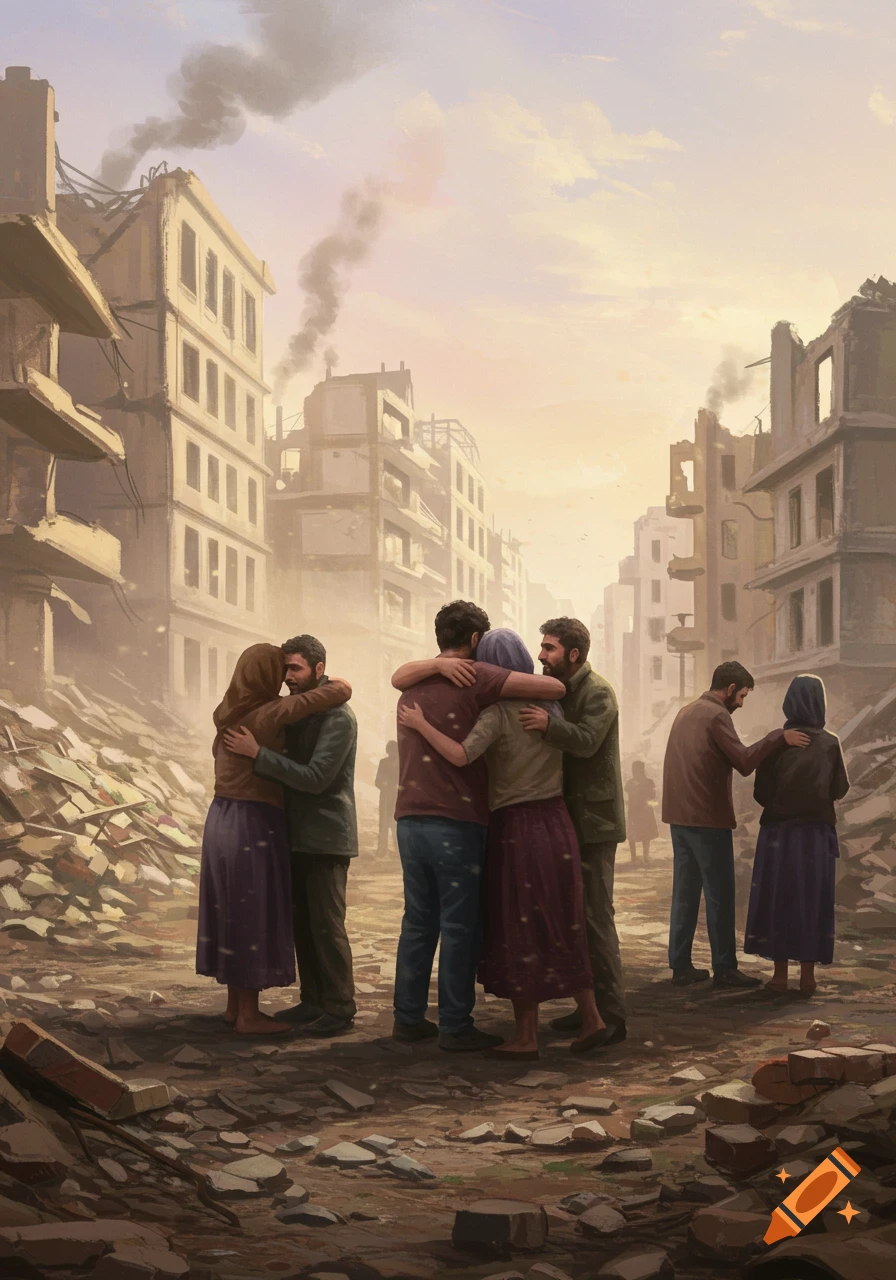 A poignant digital painting shows groups of people embracing amidst the ...